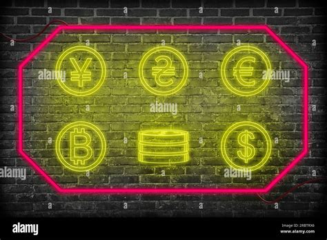 Money Exchange Neon Sign Pink Frame With Yellow Symbols Of Different