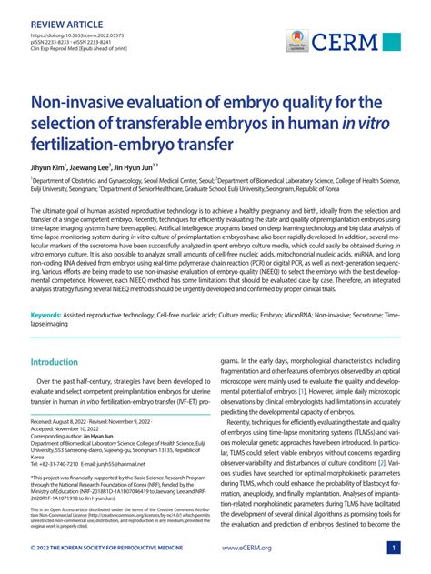 Pdf Non Invasive Evaluation Of Embryo Quality For The Selection Of