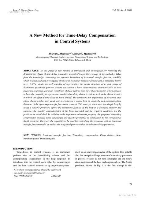 Pdf A New Method For Time Delay Compensation In Control Systems