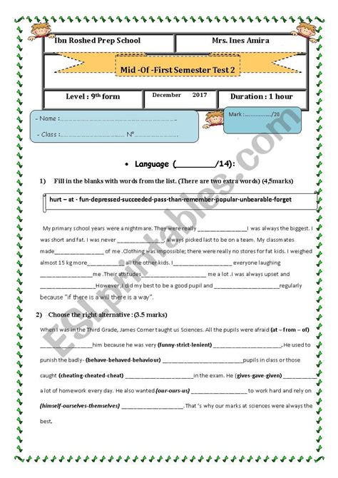 Mid Semester Test 2 Esl Worksheet By Papi11