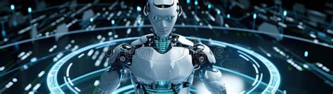 Illustration 3d Model Humanoid Robot Surrounded By Holographic Data Symbolizing Ai Integration