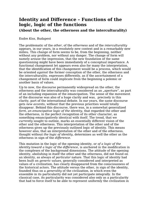 Pdf Identity And Difference Functions Of The Logic Logic Of The Functions About The Other