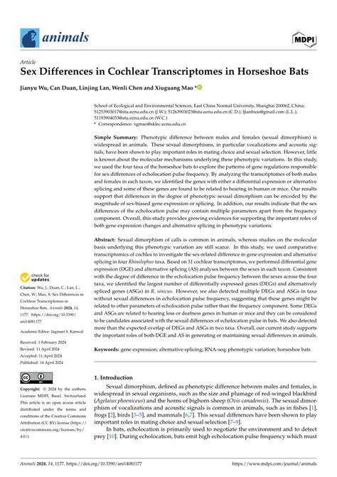 Pdf Sex Differences In Cochlear Transcriptomes In Horseshoe Bats