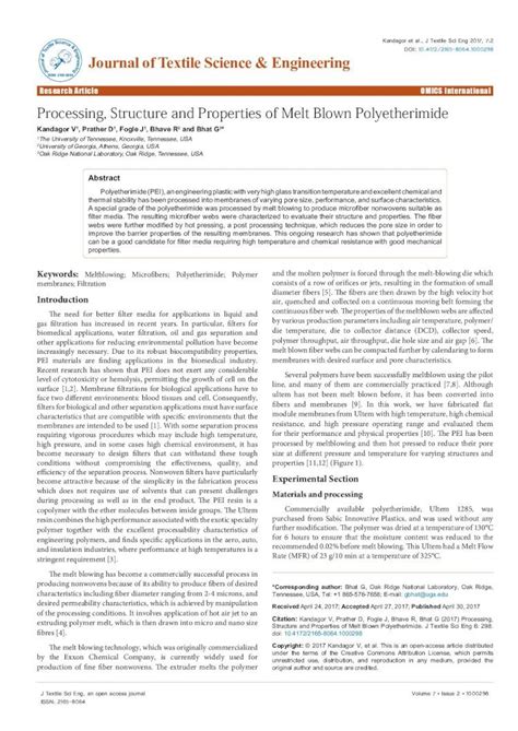 Pdf Processing Structure And Properties Of Melt Blown · Processing Structure And
