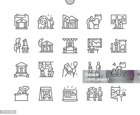 국제 박물관 날 잘 만들어진 픽셀 완벽한 벡터 얇은 라인 아이콘 30 웹 그래픽 및 응용 프로그램을위한 그리드 2x 간단한