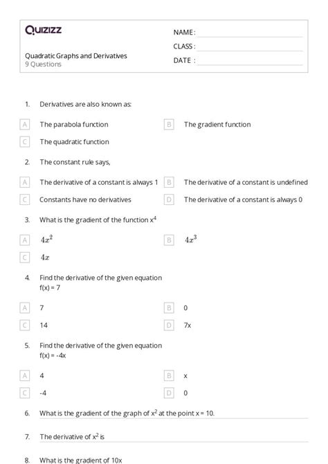 50 Derivatives Worksheets For 10th Grade On Quizizz Free And Printable