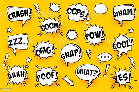 노란색 배경에 하프톤 그림자와 텍스트만화 음성 거품 손으로 그린 복고풍 만화 스티커 팝 아트 스타일 벡터 일러스트레이션 전쟁 포로에 대한 스톡 벡터 아트 및 기타 이미지