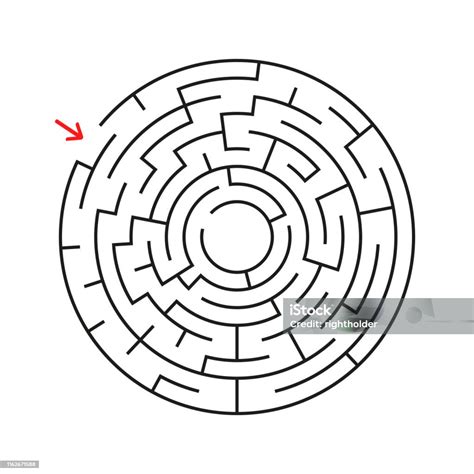 둥근 미로 입구와 출구 어린이와 성인을위한 재미있는 게임 흰색 배경에 격리 된 간단한 평면 벡터 그림입니다 개념에 대한 스톡