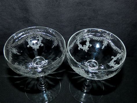 Antique Etched Crystal Champagne Flutes Vintage French Champagne Glasses Wedding Glasses Retro