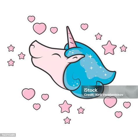 귀여운 유니콘 얼굴 사진입니다 티셔츠용 베이비 낙서 프린트 아이들을위한 소녀 요정 조랑말 머리의 벡터 그림입니다 마법의 그림 개념에 대한 스톡 벡터 아트 및 기타 이미지