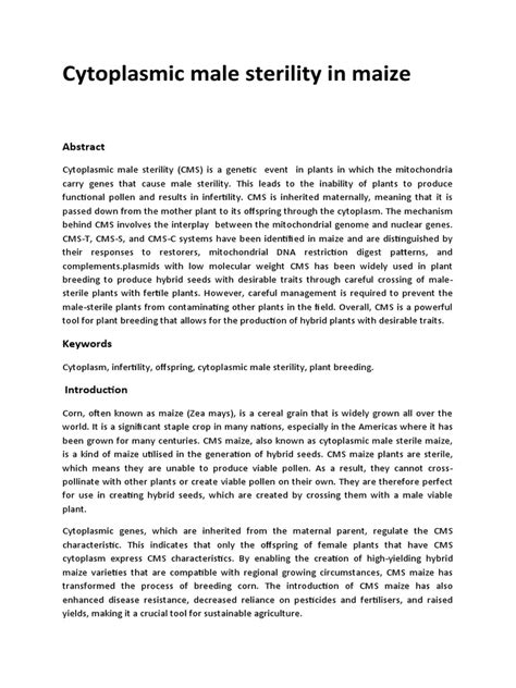 Cytoplasmic Male Sterility In Maize Genetics Pdf Plant Breeding