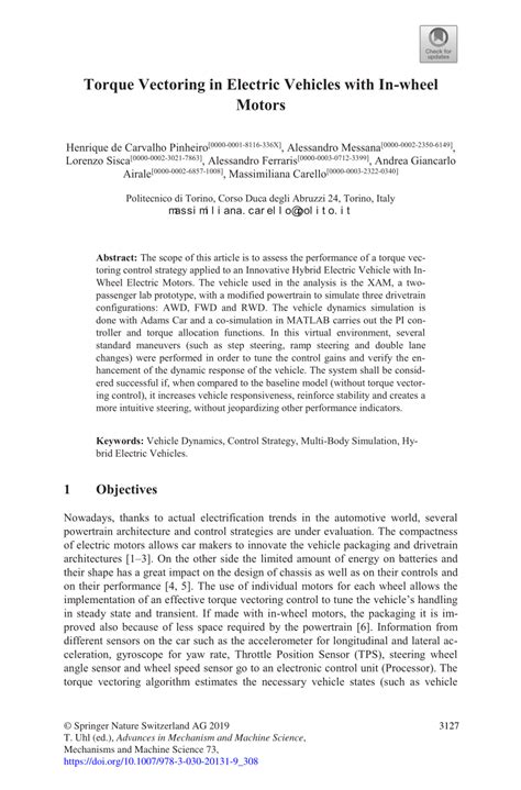 Pdf Torque Vectoring In Electric Vehicles With In Wheel Motors