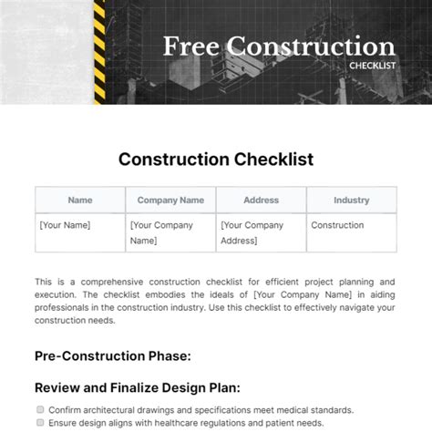 Free Sample Residential Construction Checklist Template To Edit Online