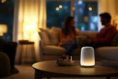 Family Using A Smart Home Hub To Manage Devices In The Living Room A Man And A Woman Are Sitting