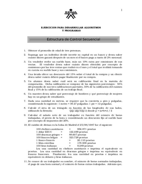 Pdf Ejercicios Para Desarrollar Algoritmos Y Programas Estructura De Control Secuencial