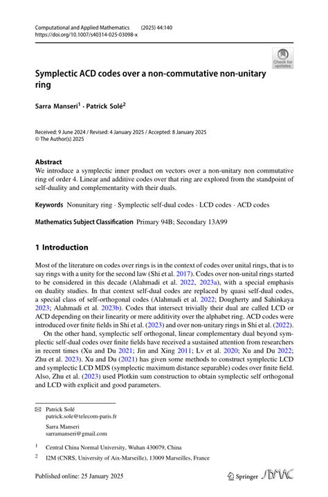 Pdf Symplectic Acd Codes Over A Non Commutative Non Unitary Ring
