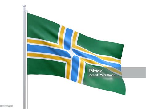 포틀랜드 깃발은 흰색 배경에 흔들리는 가까이 고립 3d 렌더 3차원 형태에 대한 스톡 사진 및 기타 이미지 3차원 형태