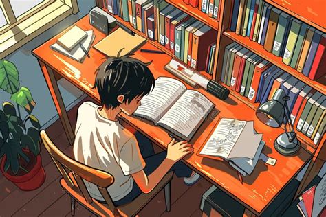 Academic Dedication Boy Immersed In Books Illustration Stock Illustration Illustration Of