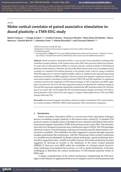 Pdf Motor Cortical Correlates Of Paired Associative Stimulation Induced Plasticity A Tms Eeg
