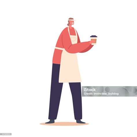 바리스타 갓 양조 한 커피 음료를 손에 들고 앞치마를 착용 흰색 배경에 고립 된 바텐더 캐릭터 웨이터에 대한 스톡 벡터 아트 및 기타 이미지 Istock