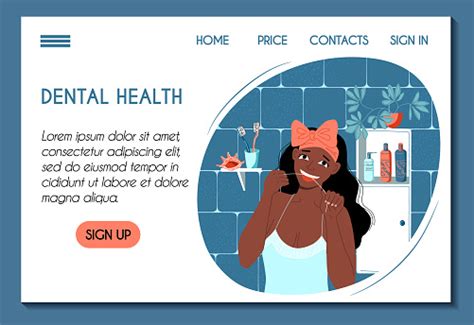 치과 진료소용 웹 페이지 템플릿입니다 치아 건강 구강 위생 아프리카 젊은 여성은 그녀의 일상을 위해 치과 치실을 사용 착지