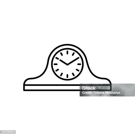 벡터 일러스트 빈티지 벽로 선반 책상 시계입니다 시간을 측정 하기 위한 아날로그 장치의 선 아이콘입니다 오래 된 선반 나무 시계입니다 흰색 바탕에 고립 된 개체입니다 가정