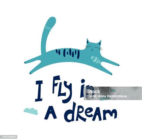 고양이가 구름 사이를 꿈에 날아간다 인쇄 직물 티셔츠 카드 스티커 포스터에 대한 백일몽의 벡터 일러스트레이션 손으로 그린 고양이와 글자로 귀여운 포스터 0명에 대한 스톡