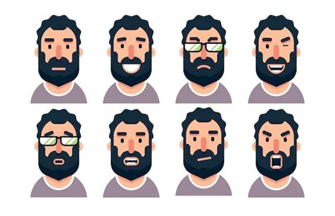 다양한 표정으로 수염 난 남자 캐릭터 만화 프리미엄 벡터