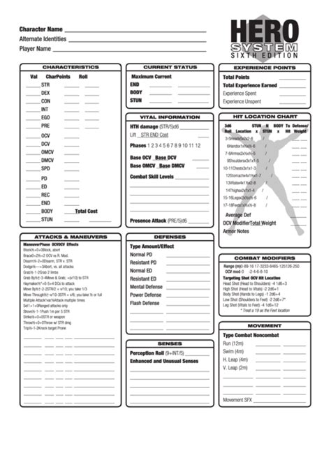 Hero System Sixth Edition Character Sheet Printable Pdf Download