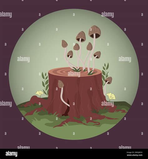 Colored Realistic Mushroom On Log Vector Stock Vector Image Art Alamy