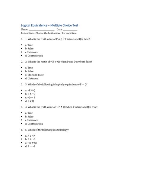 Logical Equivalence Test Pdf