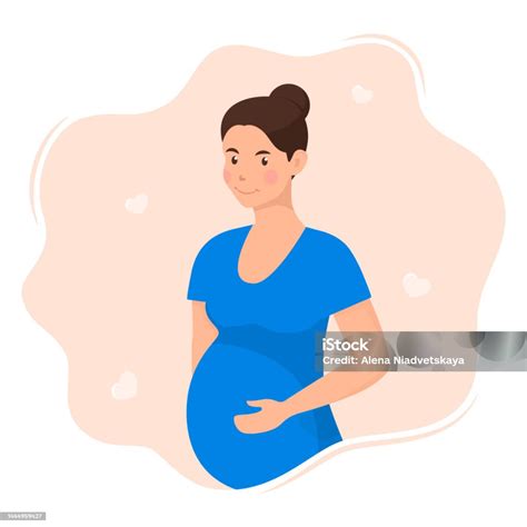 큰 배를 가진 행복 한 젊은 임신 여자입니다 아름 다운 임신 한 여자 캐릭터입니다 아기를 기대하는 소녀 출산 개념입니다 벡터 그림입니다 가족에 대한 스톡 벡터 아트 및 기타