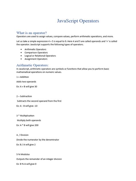Javascript Operators Pdf Arithmetic Elementary Mathematics