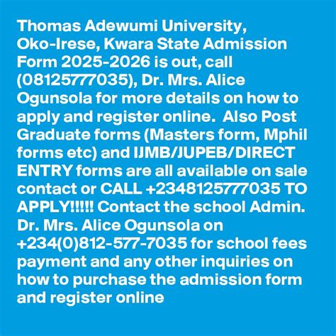 Thomas Adewumi University Oko Irese Kwara State Admission Form 2025