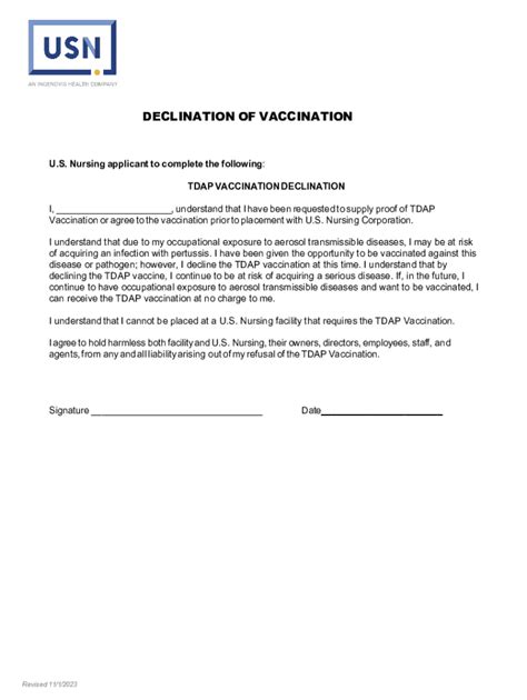 Fillable Online Tdap Vaccination Declination For Us Nursing