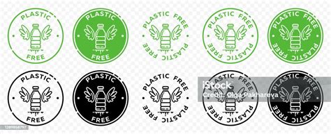 플랫 리니어 디자인 제품 포장을 위한 마킹 아이콘 집합입니다 스탬프 플라스틱 없음 제품에 대한 플라스틱 무료 인증서 날개가 달린 병 정보 레이블입니다 벡터 그림입니다 0명에