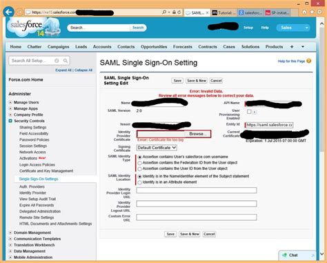 file size certificate limitations for setting up saml single sign on