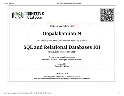 completed sql and relational databases course by ibm gopalakannan