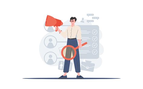 한 남자가 돋보기로 완전히 성장합니다 인적 자원 프레젠테이션을 위한 요소 돋보기 광학 기기에 대한 스톡 벡터 아트 및 기타