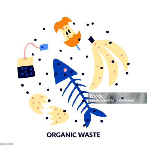 흰색 배경에 고립 된 유기 폐기물 생선 해골 티백 사과 코어 달걀 껍질 바나나 껍질 플랫 스타일 드로잉 음식 쓰레기 개념 생물학에 대한 스톡 벡터 아트 및 기타 이미지
