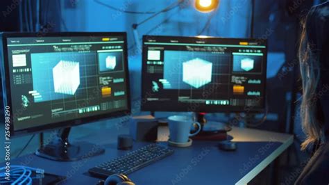 Cybercrime Hacking And Technology Concept Female Hacker In Dark Room Creating Code Or Using