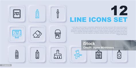 라인 그림 페인트 스프레이 캔 지우개 또는 고무 총 디자인 프로그램이 있는 컴퓨터 마커 펜 튜브 페인트 팔레트 및 브러시 아이콘을 설정합니다 벡터 개념에 대한 스톡 벡터