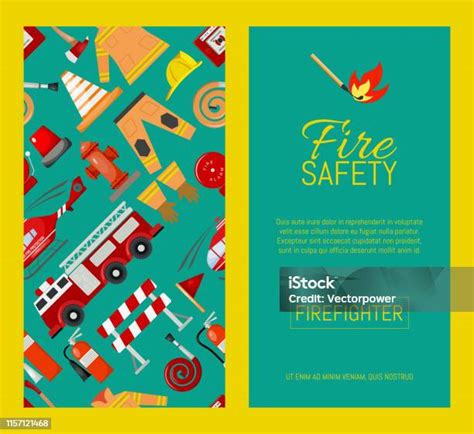 배너 벡터 그림의 화재 안전 세트입니다 소방관 유니폼 및 재고 소화호스 소화전 경보 볼라드 및 소화기 스테이션과 같은 장비 가연성에 대한 스톡 벡터 아트 및 기타 이미지