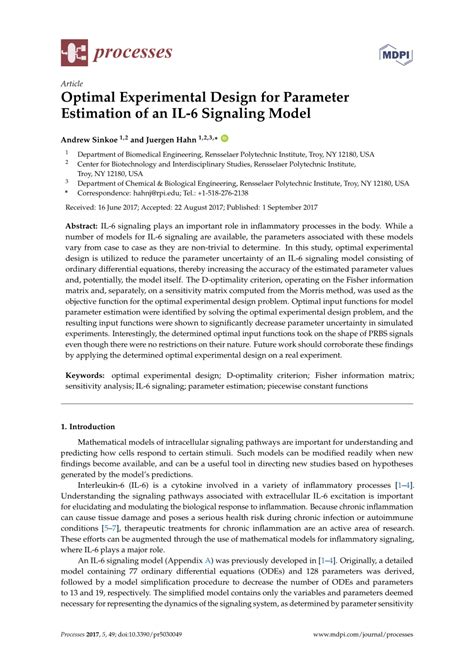 Pdf Optimal Experimental Design For Parameter Estimation Of An Il 6 Signaling Model