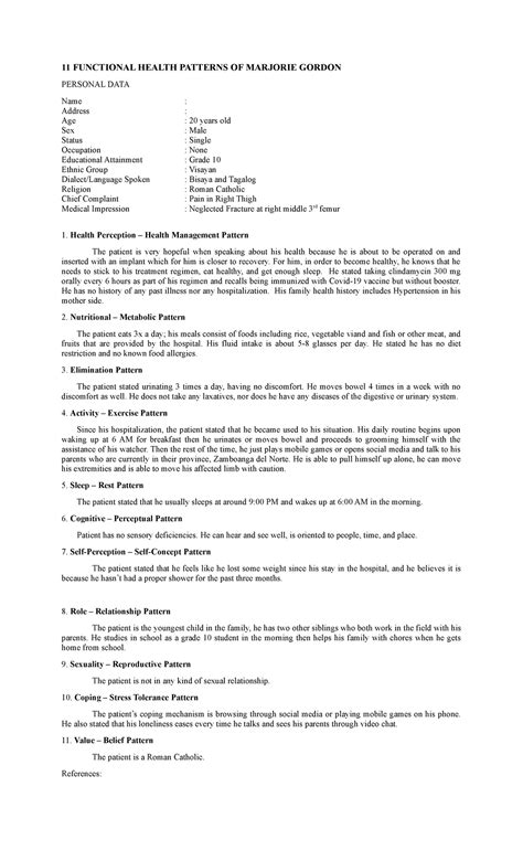 Gordons 11 Functional Health Patterns Example Information 11