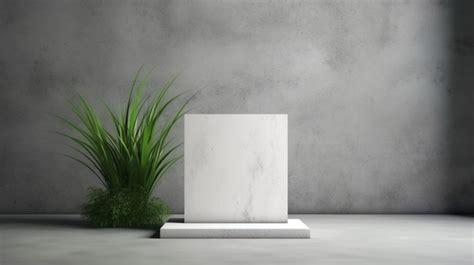 스탠드 위의 제품 쇼케이스 흰색 연단 녹색 잔디 필드와 콘크리트 벽의 3d 렌더링 최소한의 장면 제품 프레젠테이션 표시하다