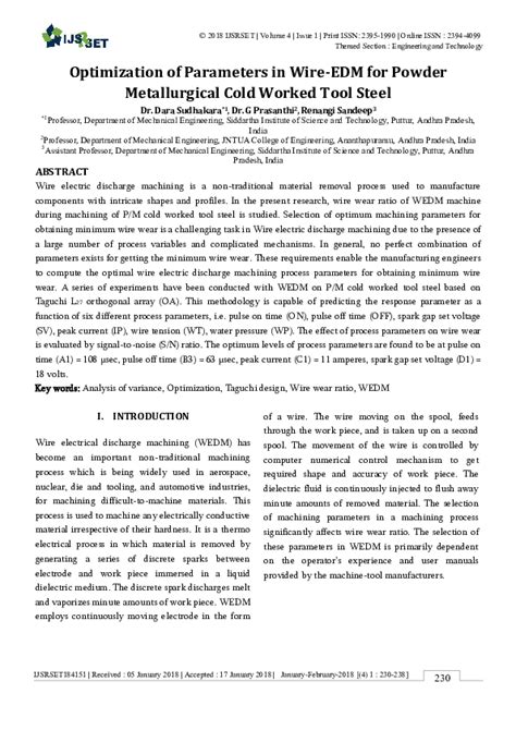 Pdf Optimization Of Parameters In Wire Edm For Powder Metallurgical Cold Worked Tool Steel