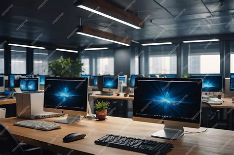 premium photo minimalist office with rows of desktop computers