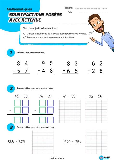 Exercices Soustractions Posées Avec Retenue Maître Lucas Soustraction Posée Soustraction