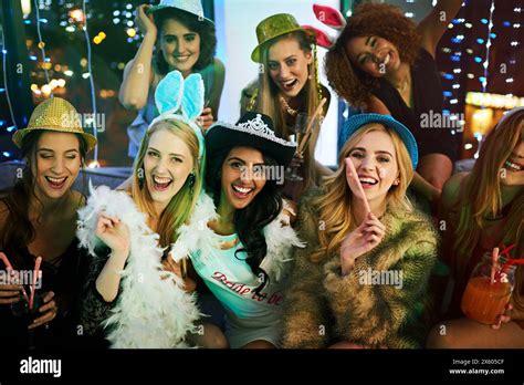 Group Women And Bachelorette Party In Nightclub And Happy For Friend